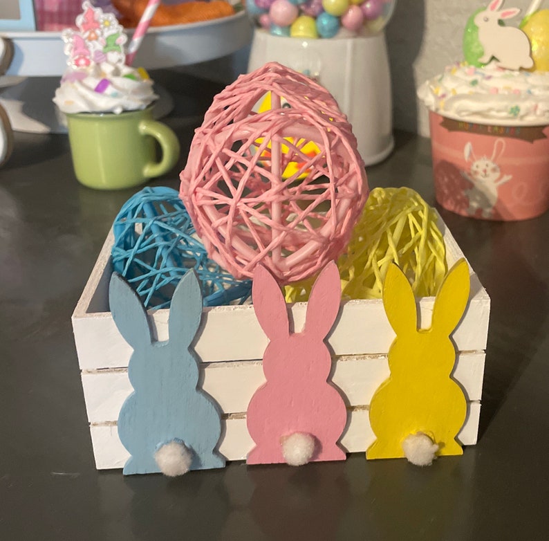 Easter/spring Tier Tray Mini Crate With 3 Bunnies Blue, Pink and Yellow ...