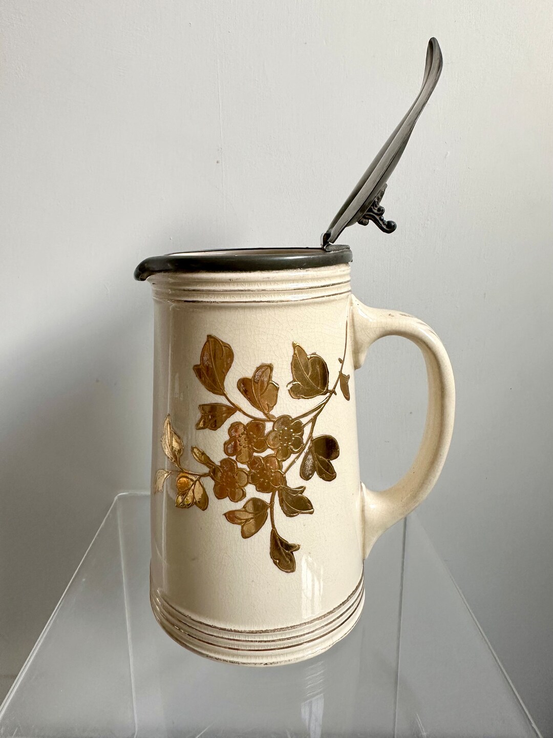 Vintage Hot Water Pot/jug With Gold Floral Decoration and Pewter Lid - Etsy