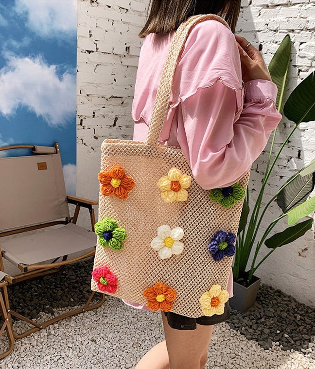 Colorful Yarn Flowers Straw Bag Large Capacity Totes Beach Bag Summer ...
