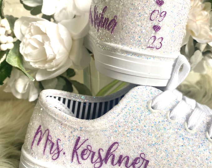 Personalized White Glitter Bride Sneakers With Purple for Wedding ...
