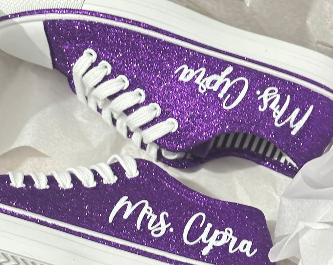 Personalized White Glitter Bride Sneakers With Purple for Wedding ...