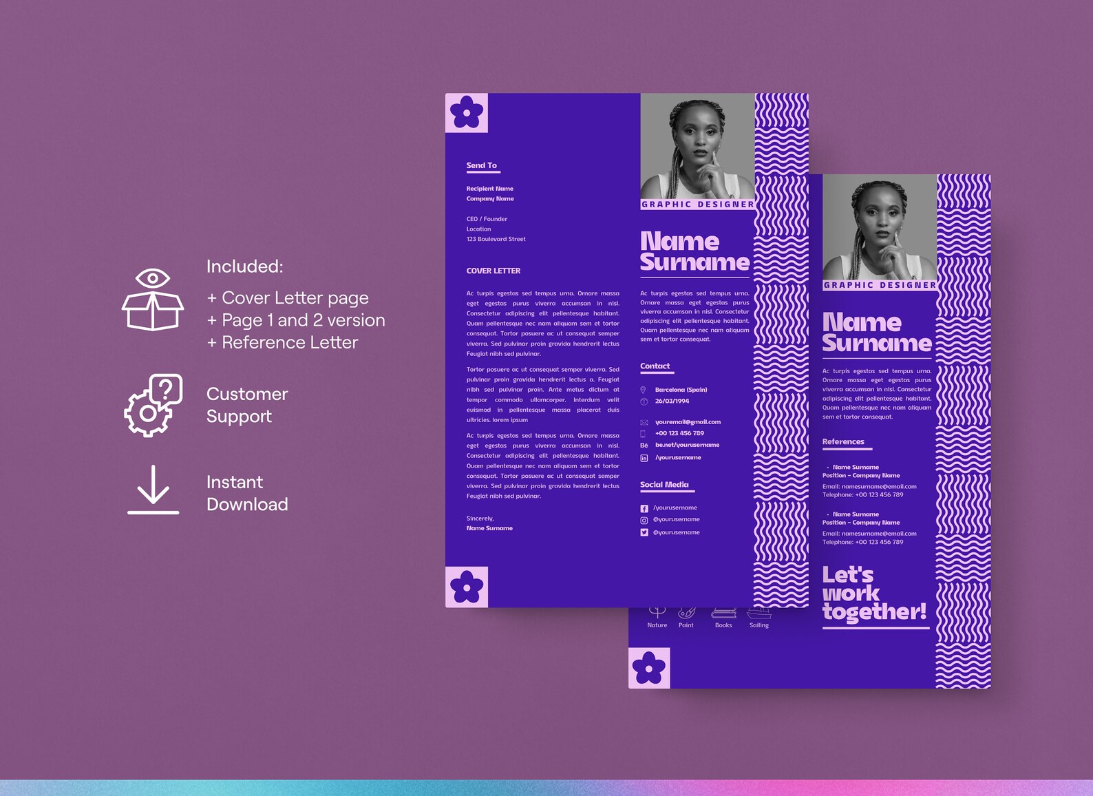 Colorful Creative 3 Page Resume Template With Photo + Cover Letter for Canva, Modern CV ...