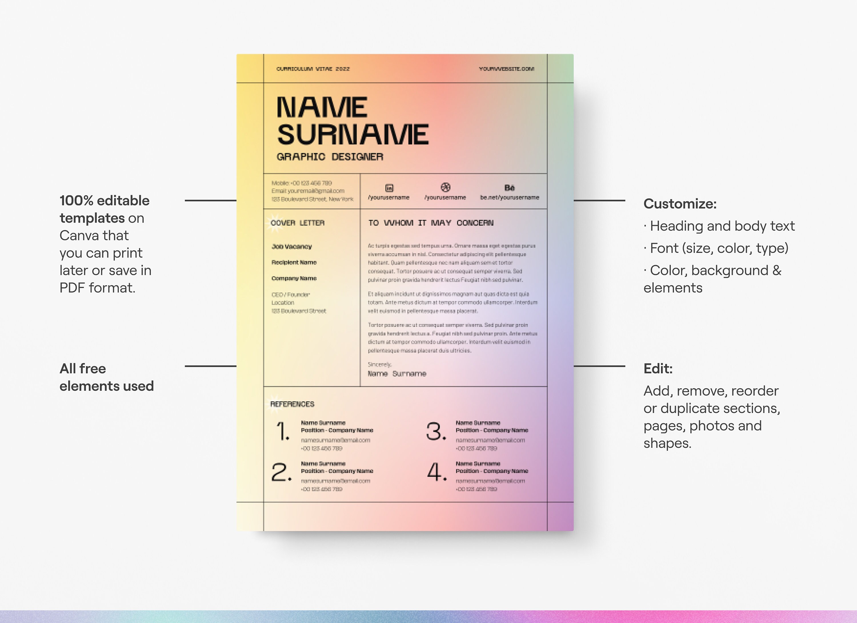 Creative 2 Page Resume Template Bundle Customizable on Canva, Modern CV ...