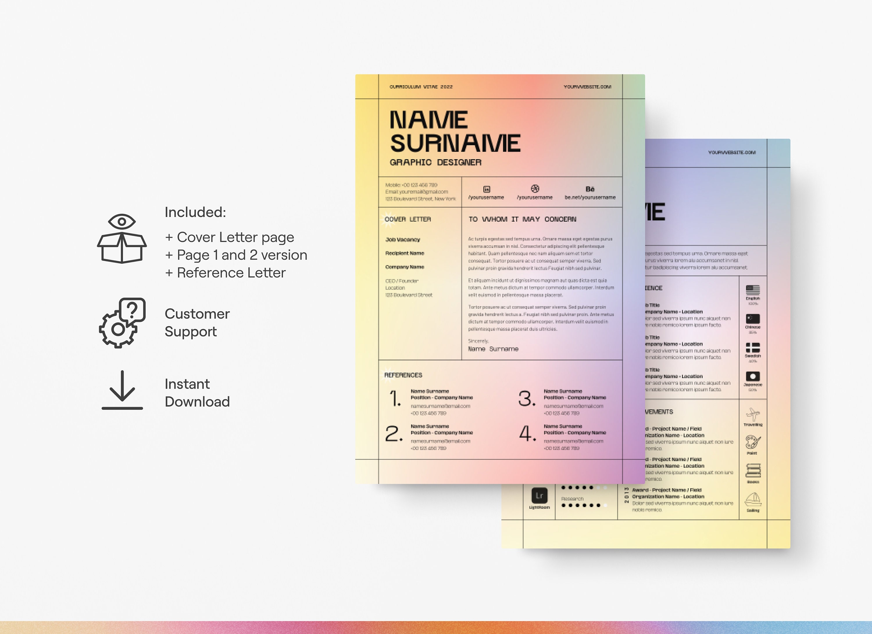 Creative 2 Page Resume Template Bundle Customizable on Canva, Modern CV ...