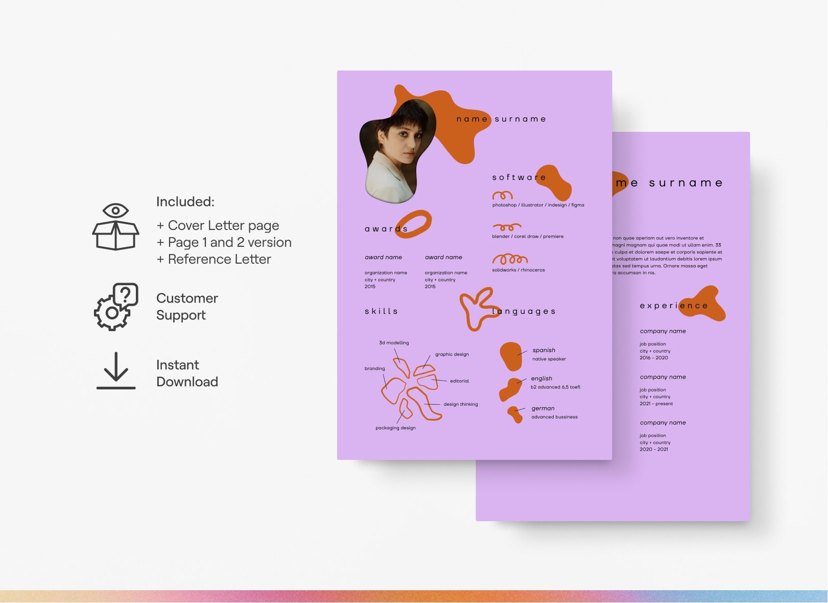 Colorful Creative 2 Page Resume Template With Photo Customizable Canva ...