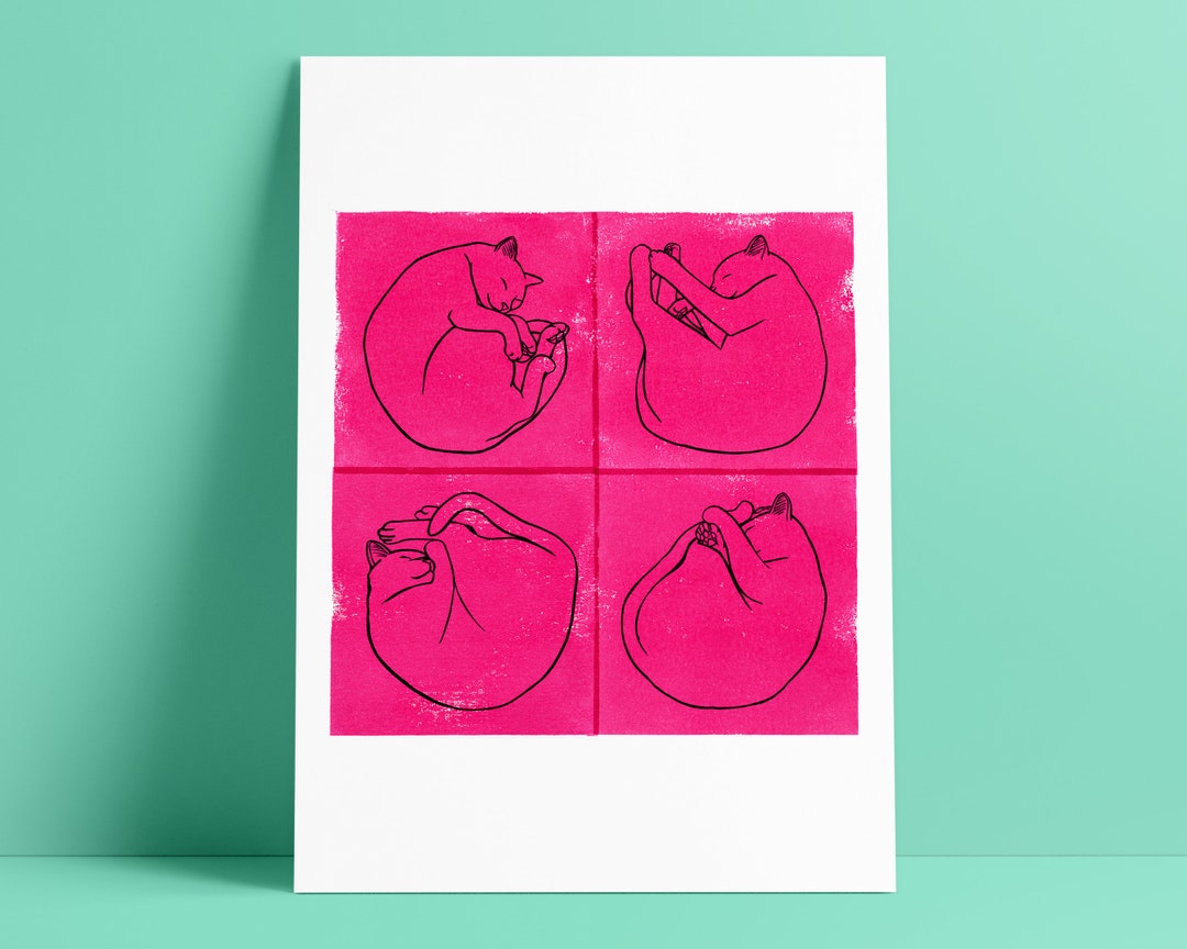 Cat Nap Poster, Sleeping Cats Art Print, Hot Pink Wall Art, Cute Cat ...