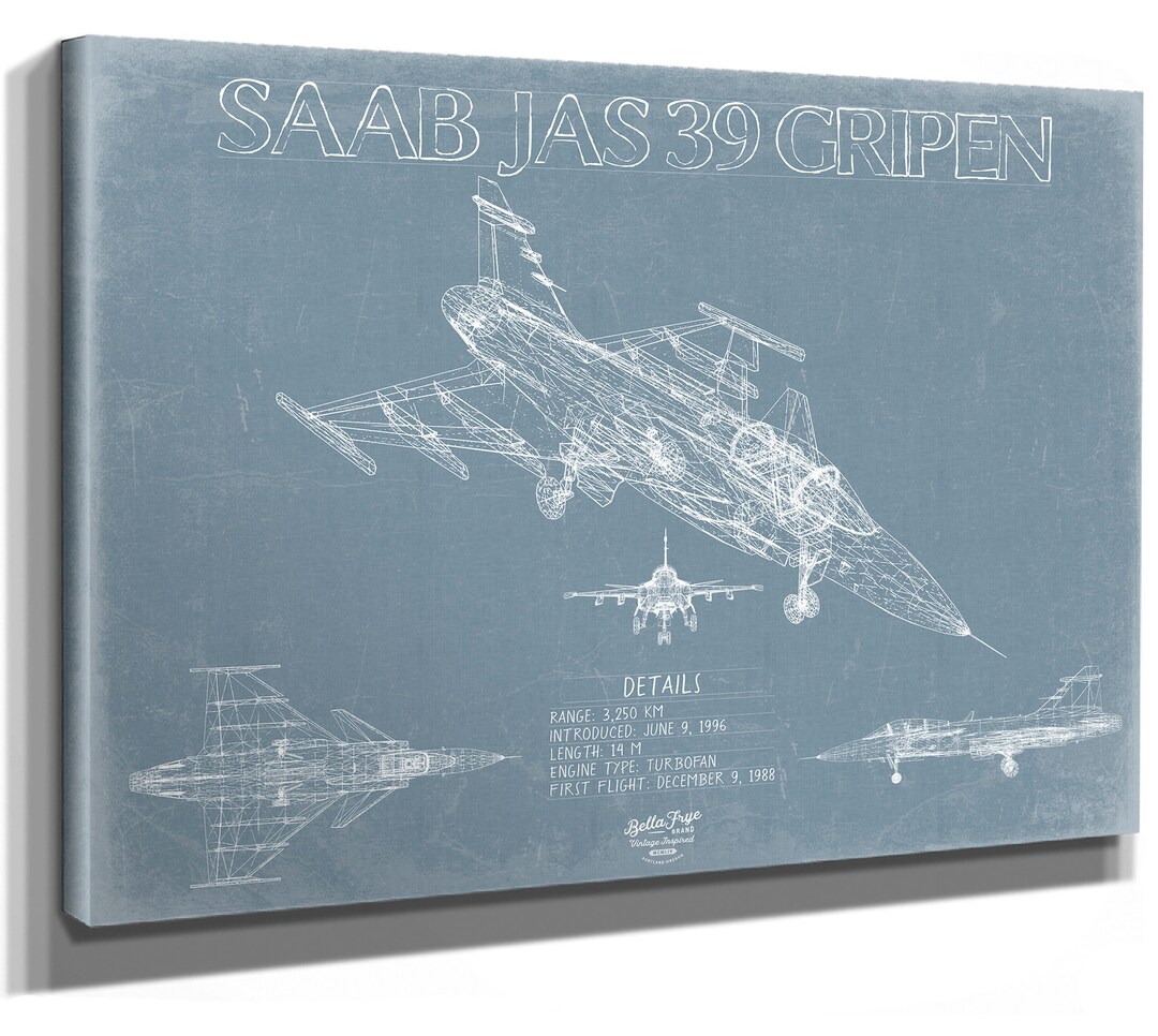 Saab JAS 39 Gripen Aircraft Blueprint Wall Art - Original Fighter Plane ...
