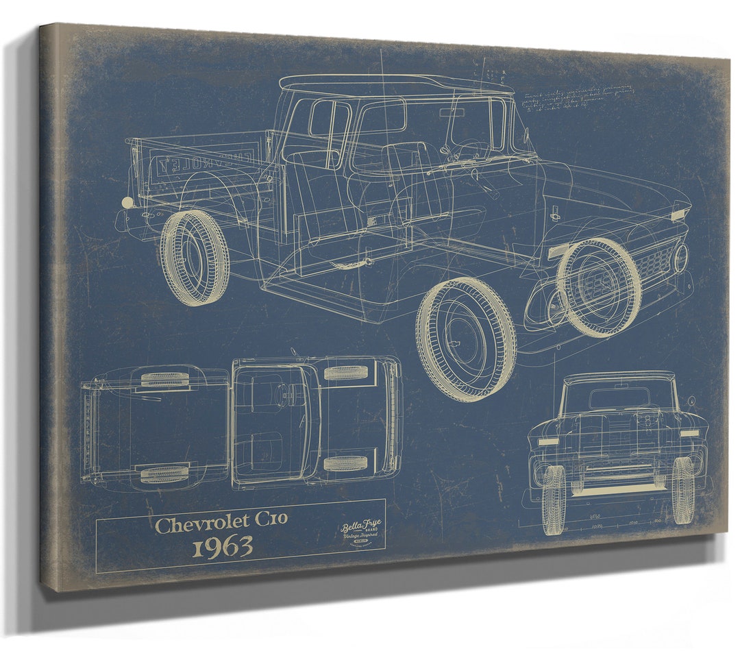 Vintage 1963 Chevrolet C10 Car Model Print, Original Blueprint Canvas ...