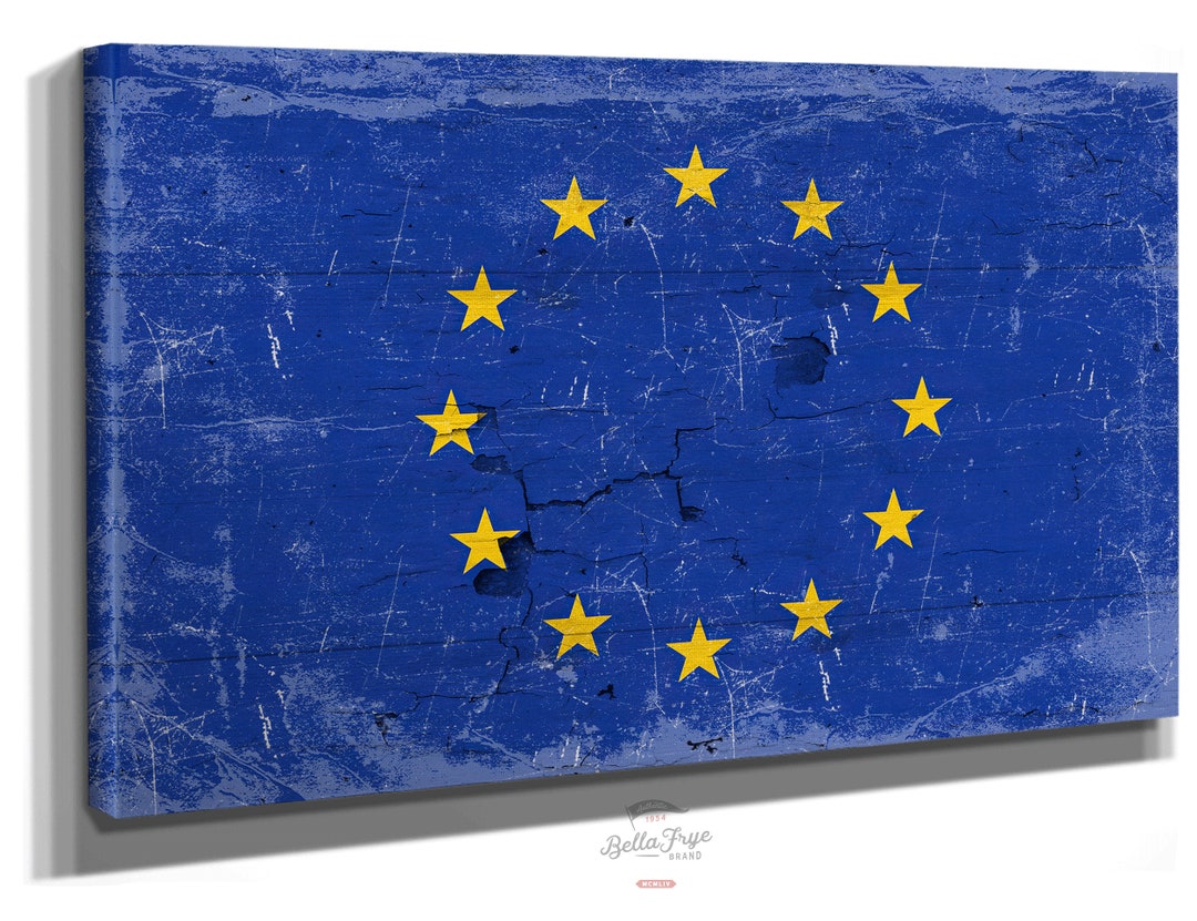 Europe Flag Wall Art - Vintage Europe Flag Sign Weathered Wood Style on ...
