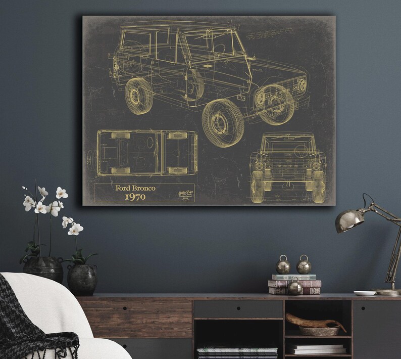 Vintage 1970 Ford Bronco Car Model Print, Original Blueprint Canvas ...