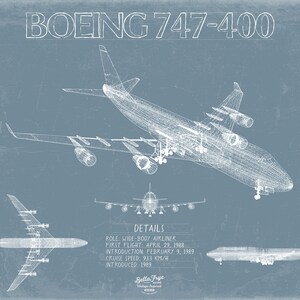 Boeing 747-400 Aircraft Blueprint Wall Art Original Aviation Plane ...