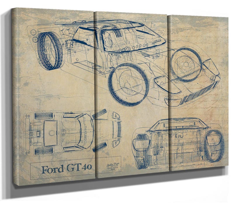Ford GT40 Car Model Print, Original Blueprint Canvas, Framed, or ...