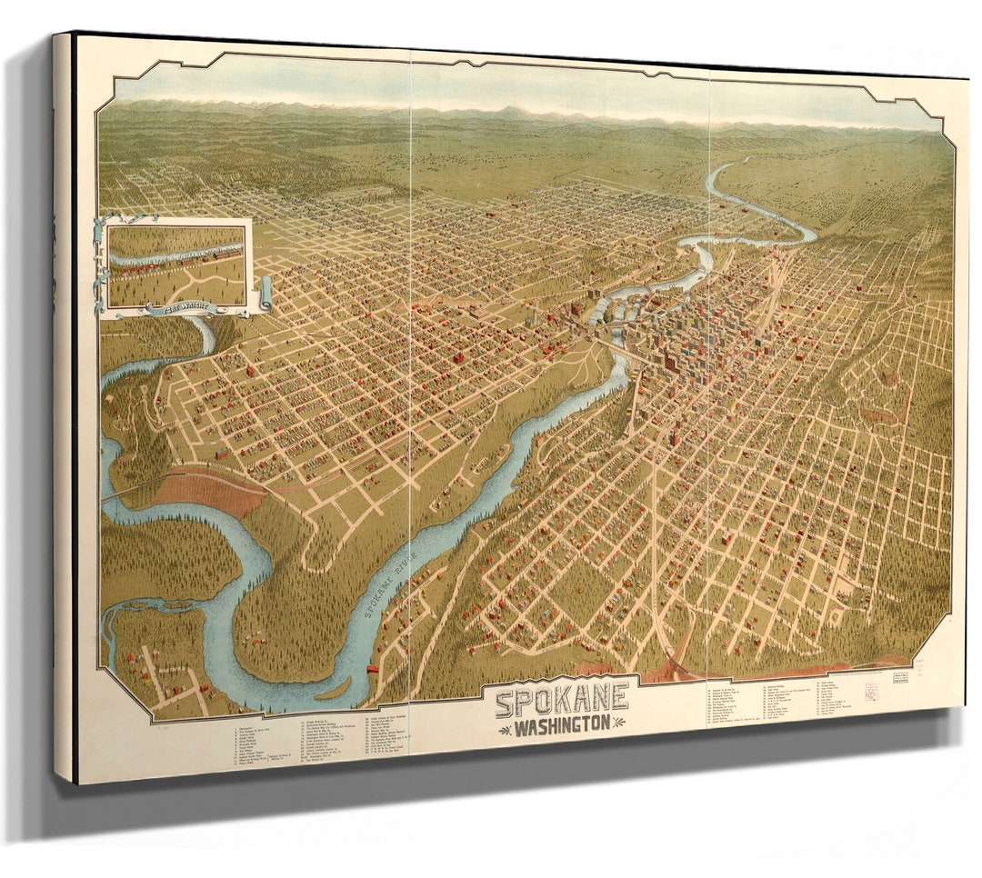 Spokane Washington Vintage Map Wall Art Bird's Eye View City Canvas Art ...