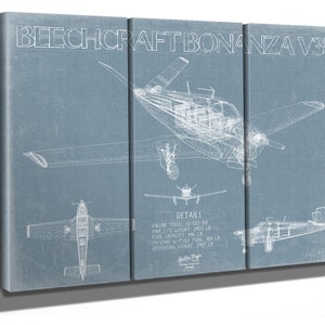 Beechcraft Bonanza V35 Aircraft Blueprint Wall Art - Original Aviation ...