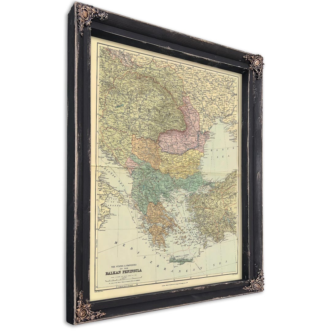 Framed Balkan Peninsula Vintage Map - Ornate Embellishment Frame With ...