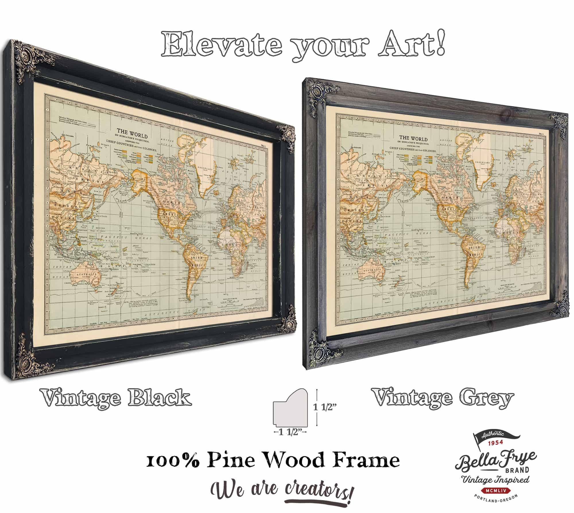 Framed World Vintage Map - Ornate Embellishment Frame With Print - Etsy