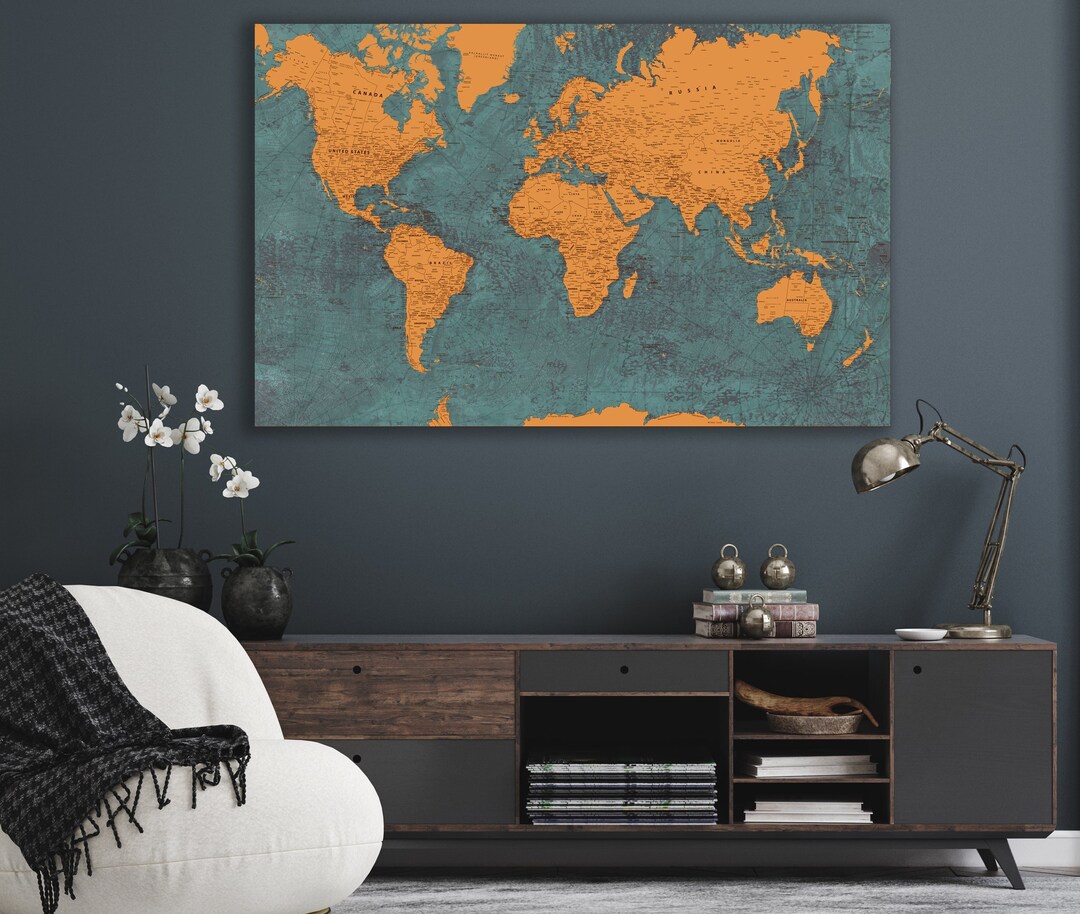 Large World Map Wall Art - Original Canvas World Map With Pushpins 10 ...