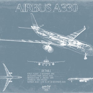 Airbus A330 Aircraft Blueprint Wall Art - Original Aviation Plane Print ...