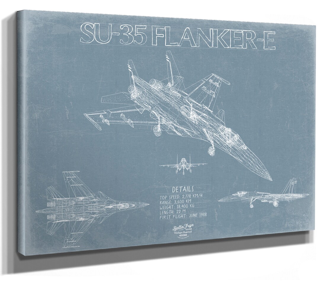 Sukhoi Su-35 Flanker-e Aircraft Blueprint Wall Art - Original Fighter ...