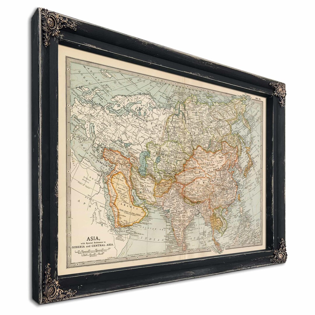 Framed Asia Vintage Map - Ornate Embellishment Frame With Print - Etsy