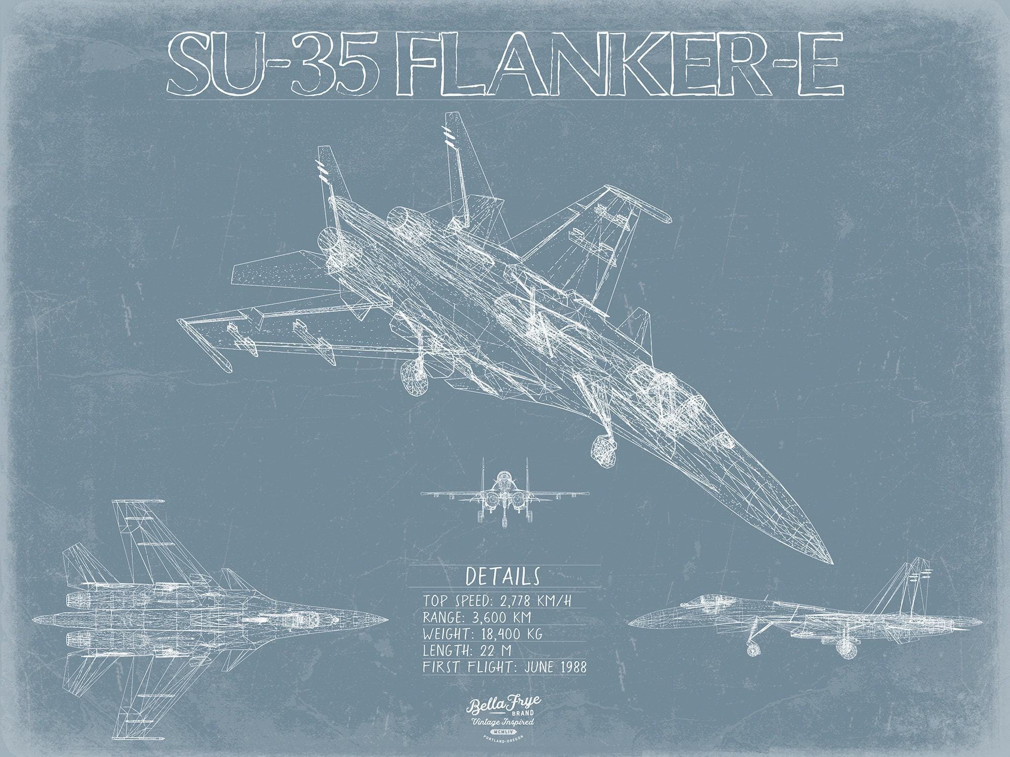Sukhoi Su-35 Flanker-e Aircraft Blueprint Wall Art - Original Fighter ...