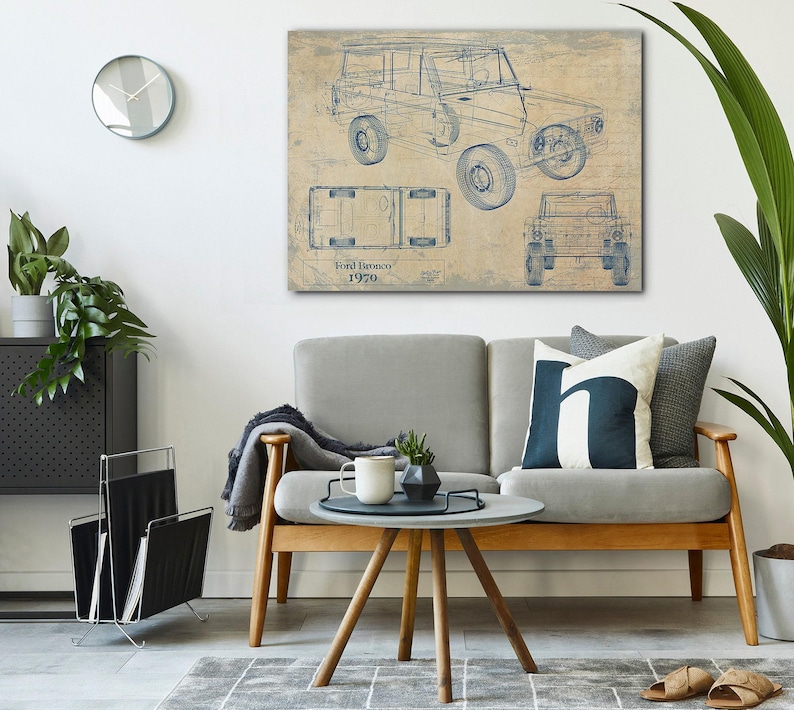 Vintage 1970 Ford Bronco Car Model Print, Original Blueprint Canvas ...