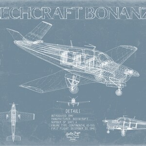 Beechcraft Bonanza Aircraft Blueprint Wall Art - Original Aviation ...