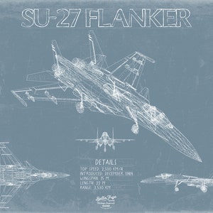 Sukhoi Su-27 Flanker Aircraft Blueprint Wall Art - Original Fighter ...