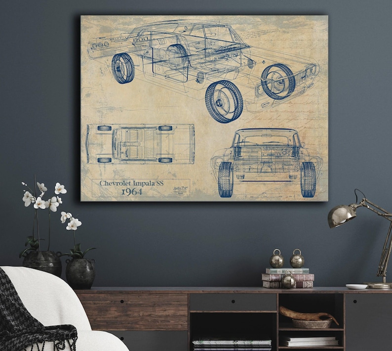 Vintage 1964 Chevrolet Impala SS Car Model Print, Original Blueprint ...