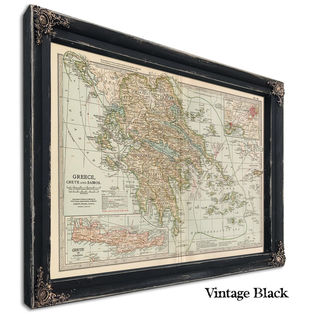 Framed Greece Vintage Map - Ornate Embellishment Frame With Print - Etsy