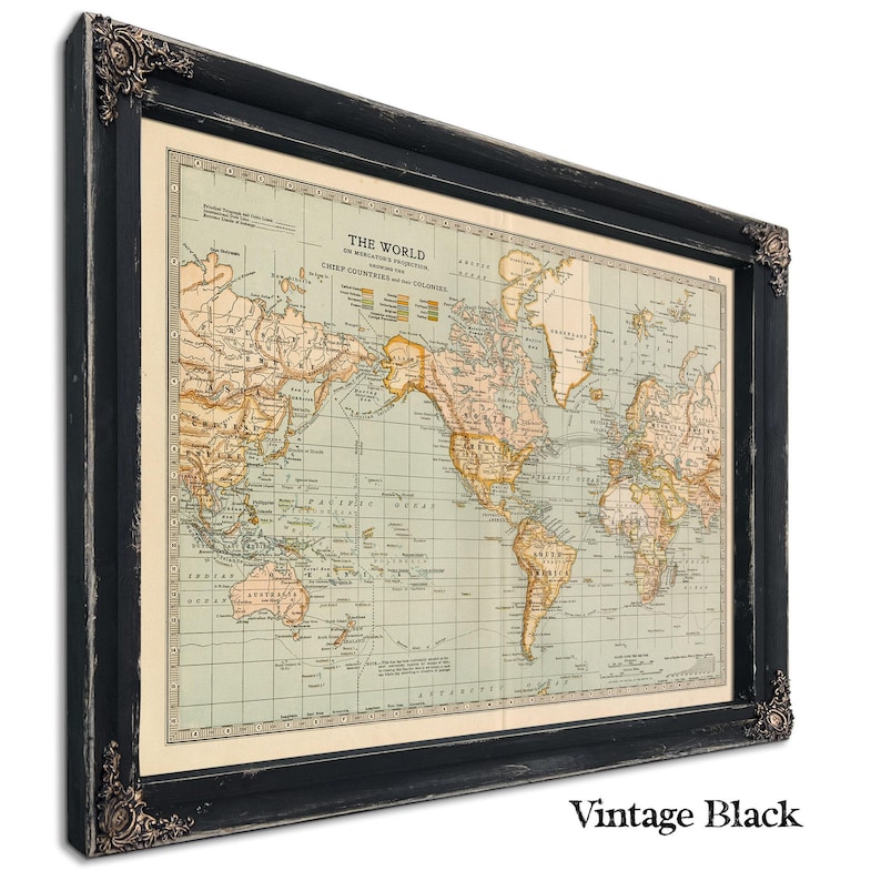Framed World Vintage Map - Ornate Embellishment Frame With Print - Etsy