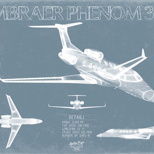 Embraer Phenom 300 Aircraft Blueprint Wall Art - Original Airplane ...
