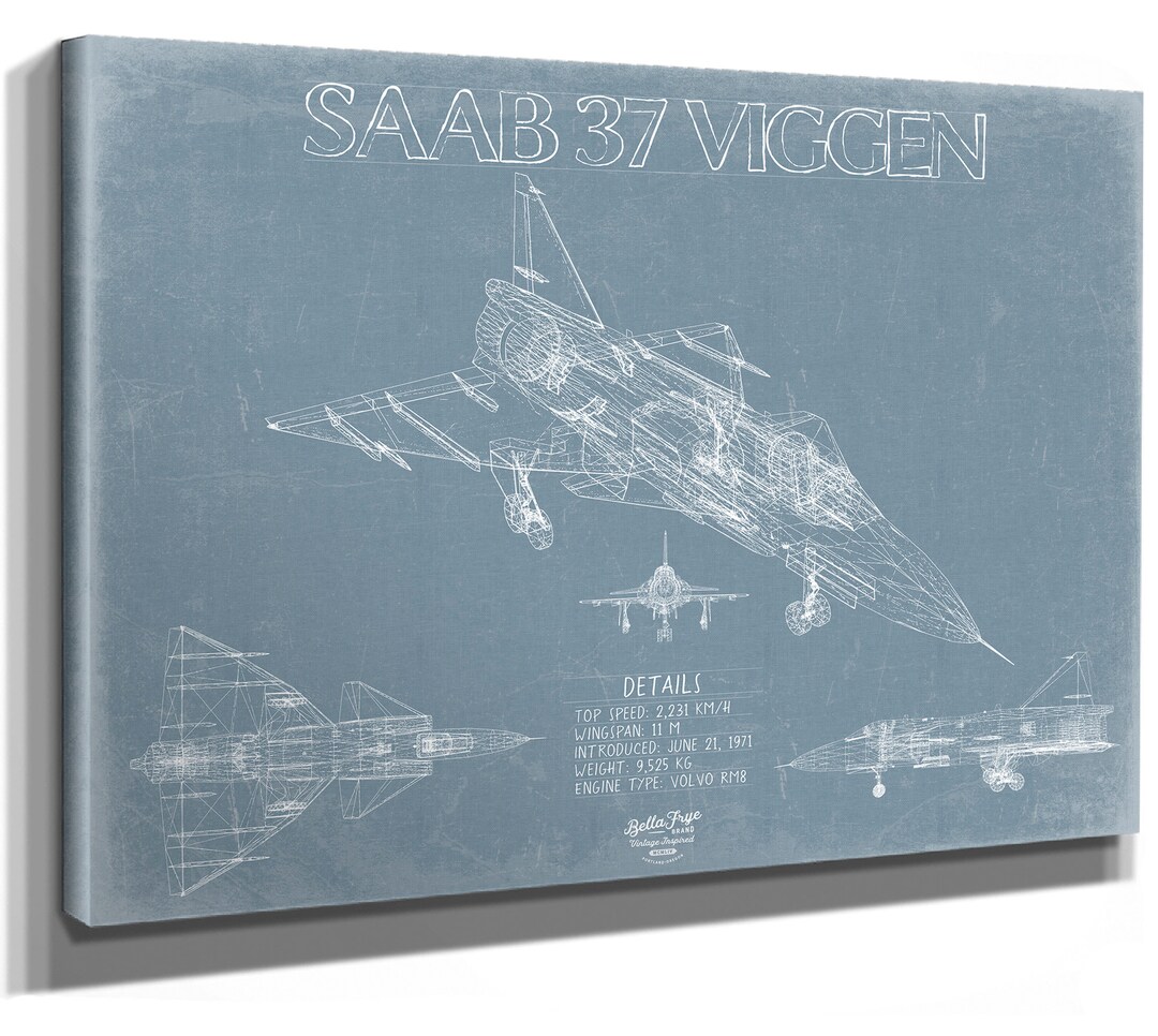 Saab 37 Viggen Aircraft Blueprint Wall Art - Original Fighter Plane ...