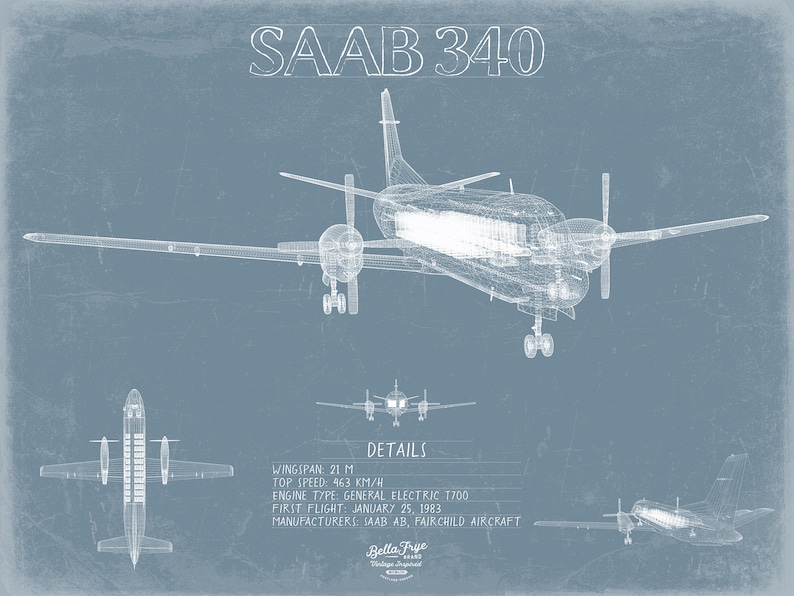 Saab 340 Aircraft Blueprint Wall Art Original Plane Print - Etsy