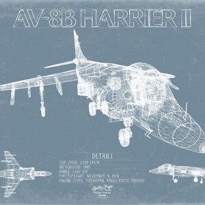 Mcdonnell Douglas AV 8B Harrier II Aircraft Blueprint Wall Art ...
