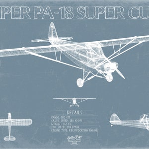 Piper PA-18 Super Cub Aircraft Blueprint Wall Art - Original Airplane ...