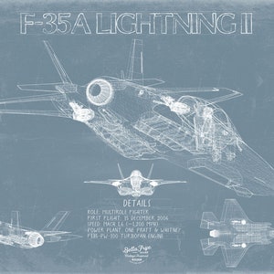 F-35A Lightning II Aircraft Blueprint Wall Art - Original Fighter Plane ...