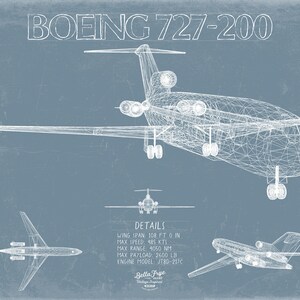Boeing 727-200 Aircraft Blueprint Wall Art - Original Aviation Plane ...