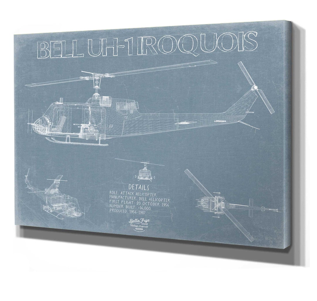 Bell UH-1 Iroquois Helicopter Blueprint Wall Art Original Aviation ...