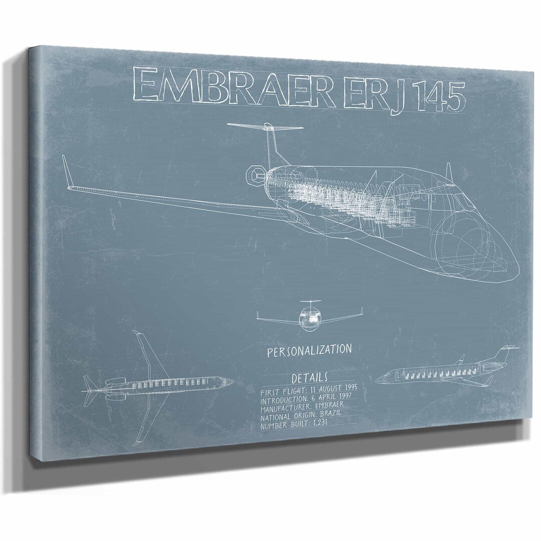 Embraer ERJ-145 Aircraft Blueprint Wall Art - Original Airplane Print ...