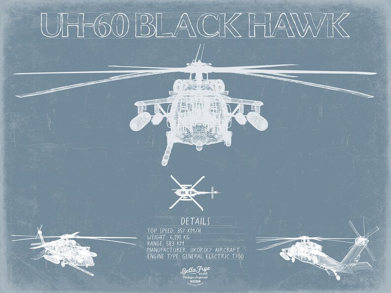 UH-60 Blackhawk Helicopter Aircraft Blueprint Wall Art - Etsy
