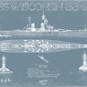 USS Wisconsin (BB-64) Blueprint Wall Art - Original Battleship Print - Etsy