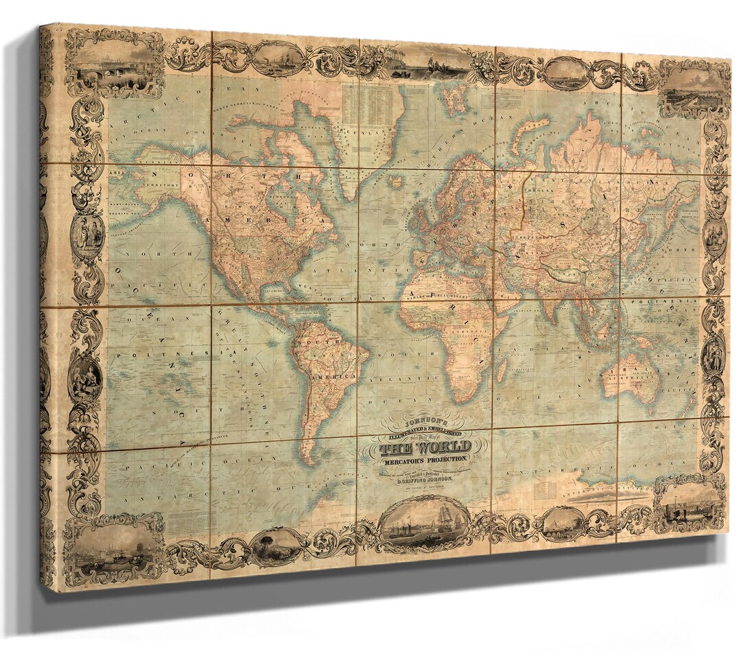 Framed World 1847 Vintage Map - Ornate Embellishment Frame With Print ...