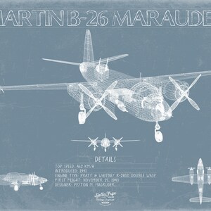 Martin B-26 Marauder Aircraft Blueprint Wall Art - Original Military ...