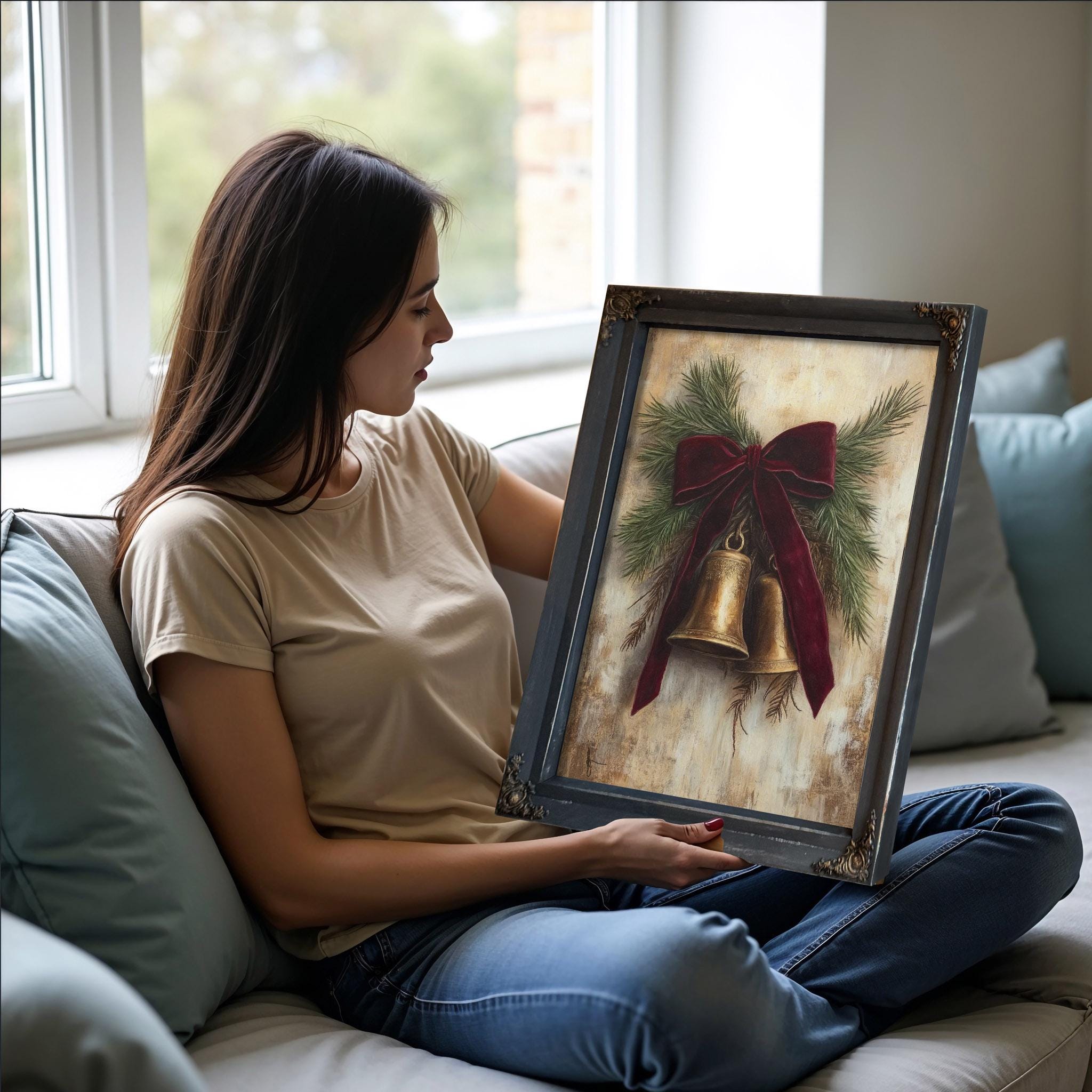 Vintage Christmas Bells Art – Red Velvet Bow, Black Ornate Frame - Etsy