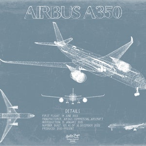 Airbus A350 Aircraft Blueprint Wall Art - Original Aviation Plane Print ...