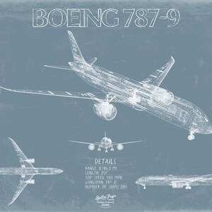 Boeing 787-9 Aircraft Blueprint Wall Art - Original Aviation Plane ...