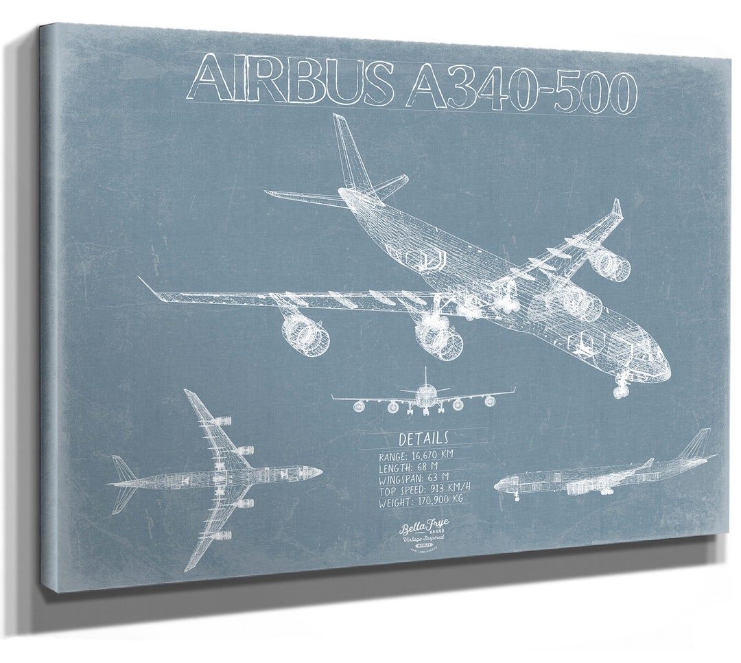 Airbus A340-500 Aircraft Blueprint Wall Art - Original Aviation Plane ...