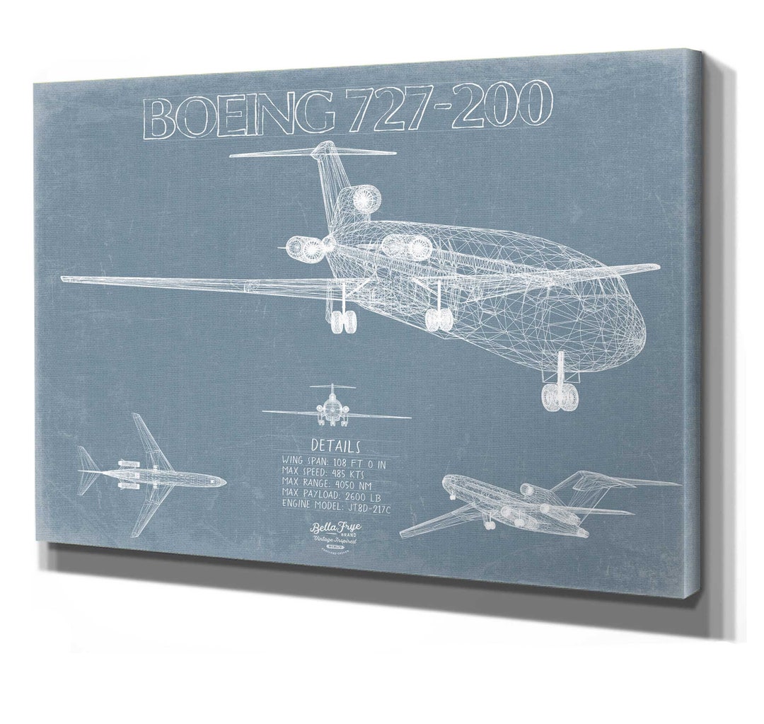 Boeing 727-200 Aircraft Blueprint Wall Art - Original Aviation Plane ...