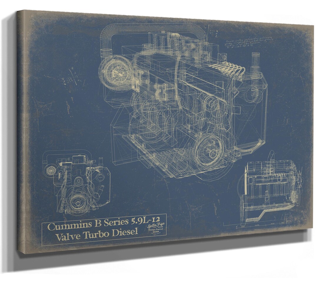 Vintage Engine Cummins 12 Valve Diesel Print, Original Blueprint Canvas ...